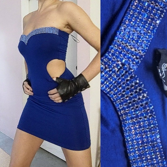 Sky | Dresses | Nwt Sky Y2k Cobalt Blue Paris Rhinestone Sides Cut Out ...